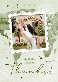 Bedankkaart paspoort wereldkaart liefde groen | Kaartje2go