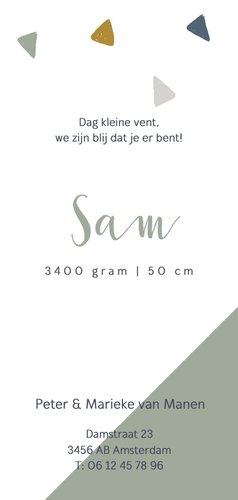 Langwerpig geboortekaartje met driehoekjes en | Kaartje2go