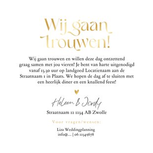 Trouwkaart simpel typografisch ja modern goud | Kaartje2go