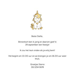 Uitnodiging Unicorn Goud - Kinderfeestjes | Kaartje2go
