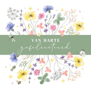 Verjaardagskaart veldbloemen met groene balk | Kaartje2go