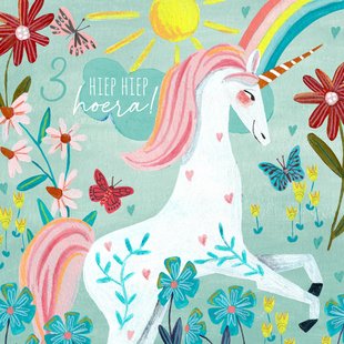 Vrolijke verjaardagskaart met eenhoorn, zon en | Kaartje2go