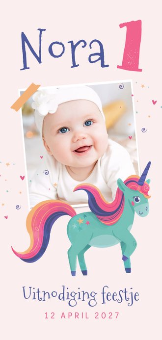 Kinderfeestje uitnodiging meisje eenhoorn foto | Kaartje2go