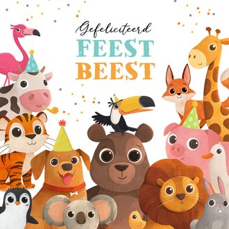 Verjaardagskaart feestbeest dieren feestje | Kaartje2go