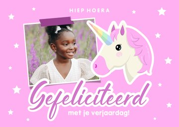 Roze verjaardagskaartje met foto en eenhoorn | Kaartje2go