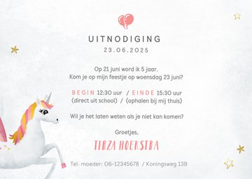 Uitnodiging kinderfeestje meisje met eenhoorn | Kaartje2go