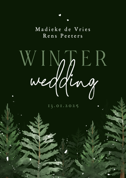 Trouwkaart winter wedding dennenbomen donker | Kaartje2go