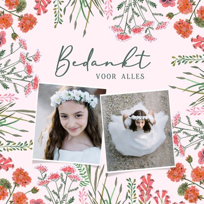 Bedankkaartje eerste communie bloemen roze | Kaartje2go