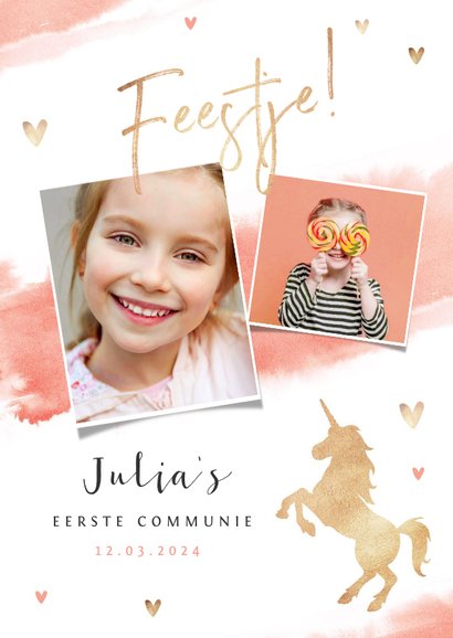 Communie uitnodiging meisje waterverf unicorn | Kaartje2go