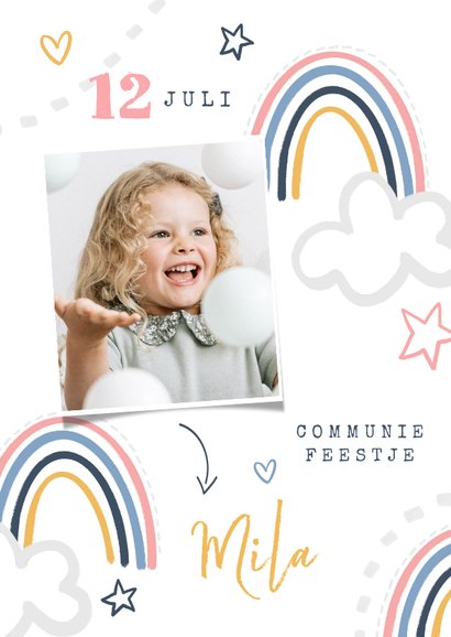 Communiefeest uitnodiging regenboogjes wolkjes | Kaartje2go