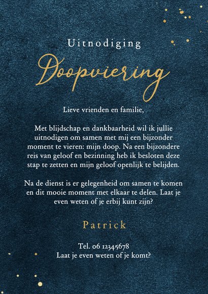 Doopkaart volwassen doop uitnodiging goud blauw | Kaartje2go