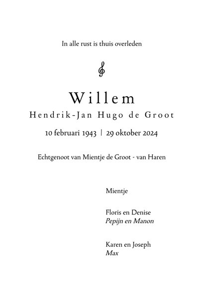 Minimalistische rouwkaart klassiek muzieknoot | Kaartje2go