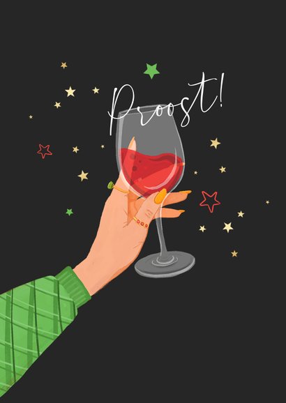 Nieuwjaarskaart rode wijn proost sterren goud | Kaartje2go