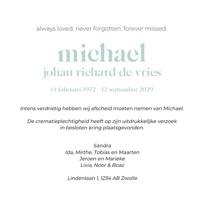 Rouwkaart met naam en zeilbootje op rustige zee | Kaartje2go