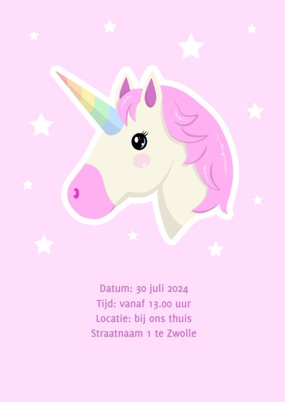 Roze kinderfeestje uitnodiging met eenhoorn en | Kaartje2go