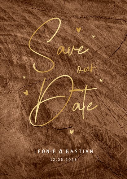 Save the date trouwkaart hout goud stijlvol | Kaartje2go
