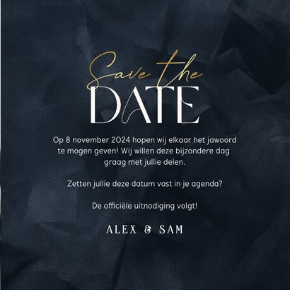 Trouwkaart donkerblauw save the date met goud | Kaartje2go