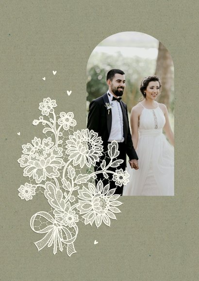 Trouwkaart pas getrouwd vintage kant kraft foto | Kaartje2go