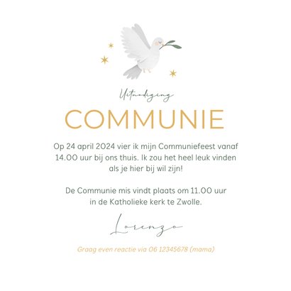 Uitnodiging communiefeest waterverf groen duif | Kaartje2go