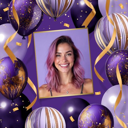 Verjaardagskaart ballonnen paars goud confetti | Kaartje2go
