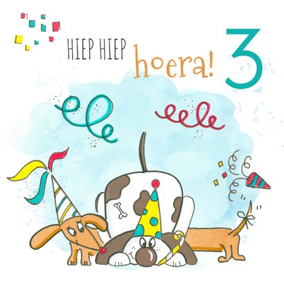 Verjaardagskaart- jongen hondjes met feestmuts | Kaartje2go
