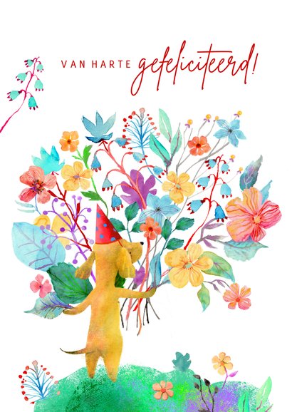Verjaardagskaart met bos bloemen en hond | Kaartje2go