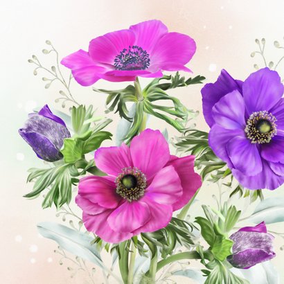 Verjaardagskaart roze en paarse anemonen | Kaartje2go