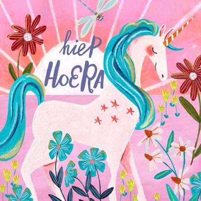 Vrolijke verjaardagskaart met eenhoorn in roze | Kaartje2go