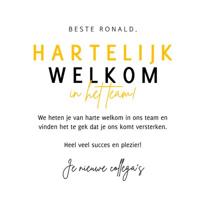 Welkom in het team collega hip grafisch foto | Kaartje2go