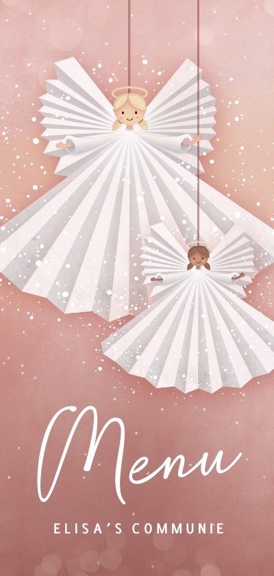 Roze communie menukaart met 2 lieve engeltjes | Kaartje2go