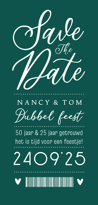 Save the date uitnodiging ticket dubbel feest | Kaartje2go