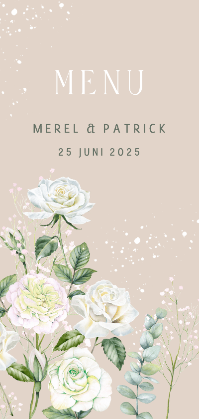 Trouwkaart menu witte rozen met koperfolie | Kaartje2go