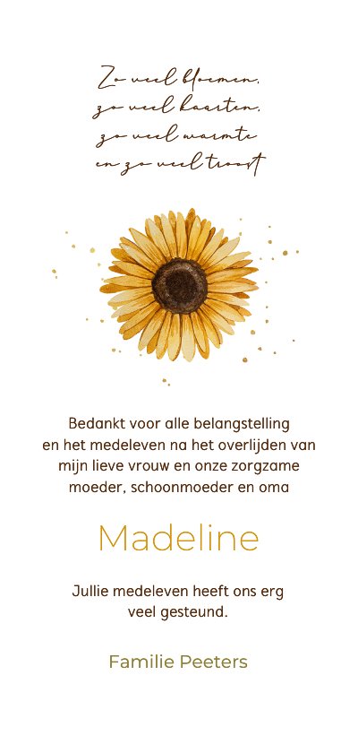 Bedankkaart overlijden zonnebloemen bedankt | Kaartje2go