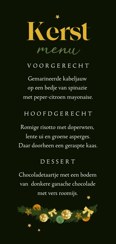 Kerstdiner kerstboom menukaart goud sterretjes | Kaartje2go