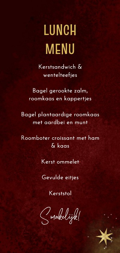 Kerstlunch menu menukaart sterren goud rood | Kaartje2go