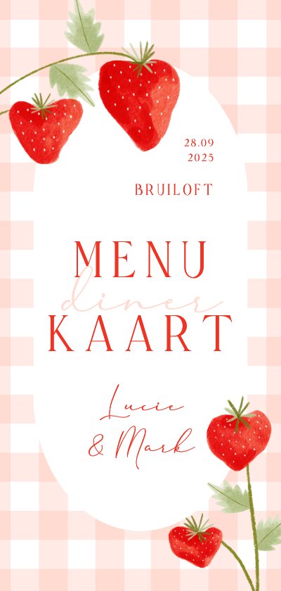 Menukaart bruiloft aardbeien rood ruitjes | Kaartje2go