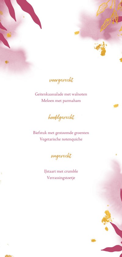 Menukaart communie met gouden bladeren en roze | Kaartje2go