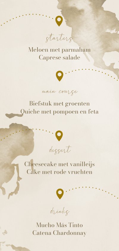 Menukaart reisthema waterverf wereld vliegtuig | Kaartje2go