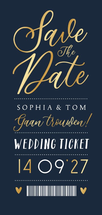 Save the date trouwkaart ticket goud grafisch | Kaartje2go