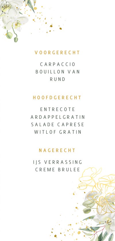 Trouwen menu orchidee op groen fluweel en folie | Kaartje2go