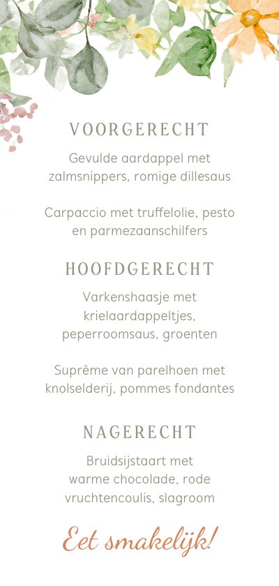Trouwkaart menu bloemen in de hoek romantisch | Kaartje2go