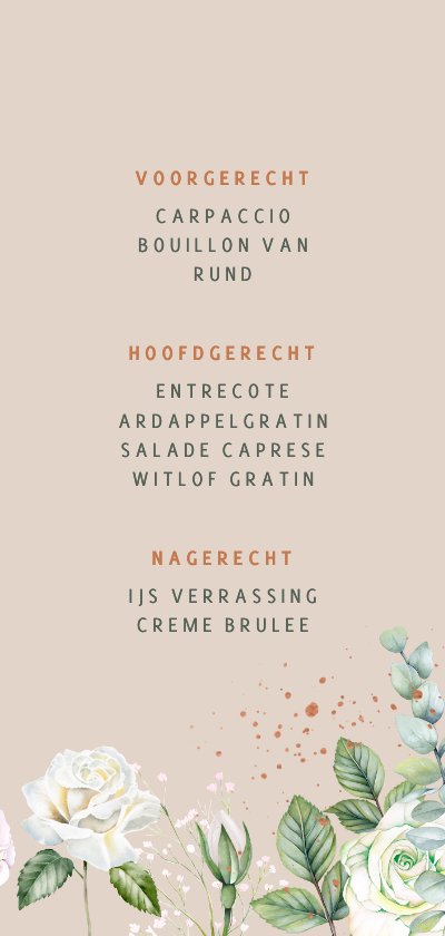 Trouwkaart menu witte rozen met koperfolie | Kaartje2go