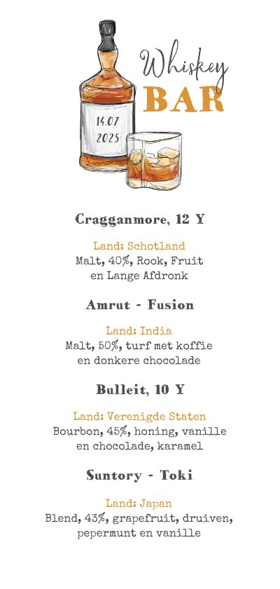 Whiskey kaart proeverij feest drankenkaart | Kaartje2go