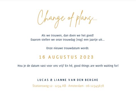 Corona wijzigingskaart trouwdatum- change of | Kaartje2go