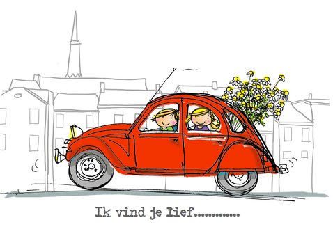 Rode eend 2cv met bos bloemen - Wenskaarten | Kaartje2go