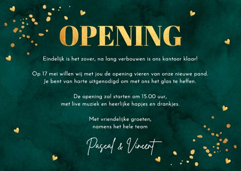 Uitnodiging opening nieuwe zaak groen goudlook | Kaartje2go