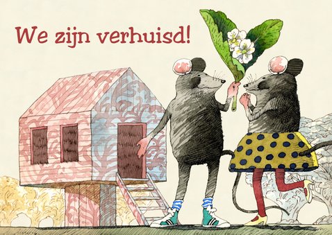 Vrolijke verhuiskaart van muizen met bloemen | Kaartje2go
