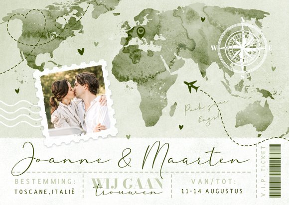 Bedankkaart paspoort wereldkaart liefde groen | Kaartje2go