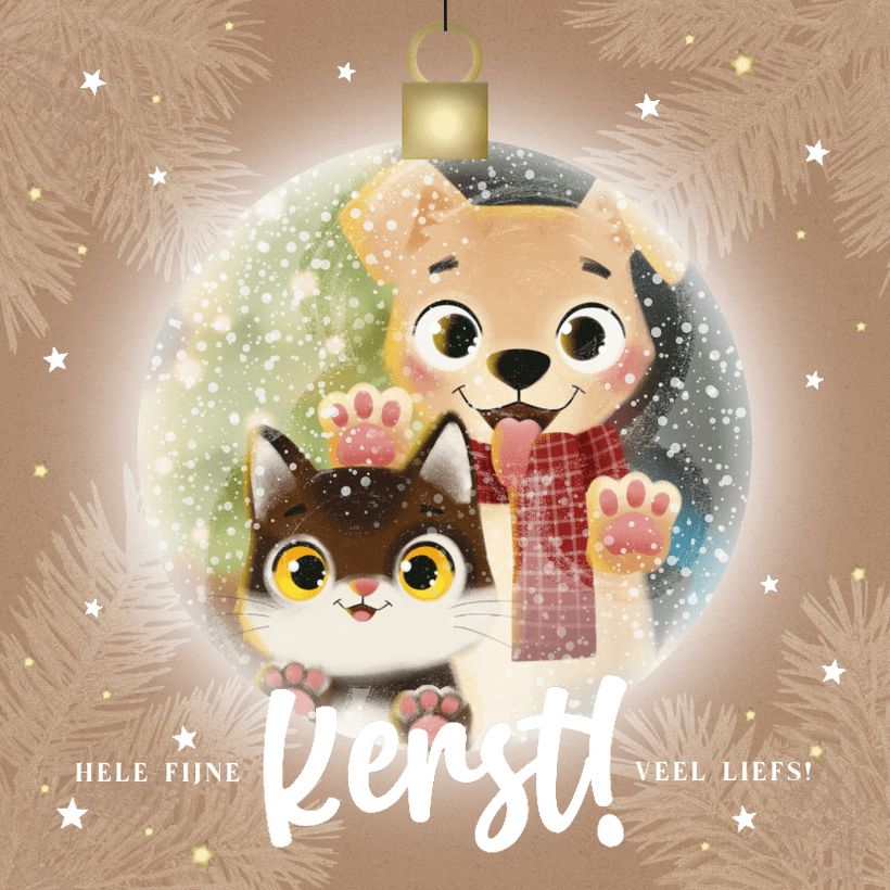 Lieve kerstkaart kerstbal dennentakken met hond | Kaartje2go