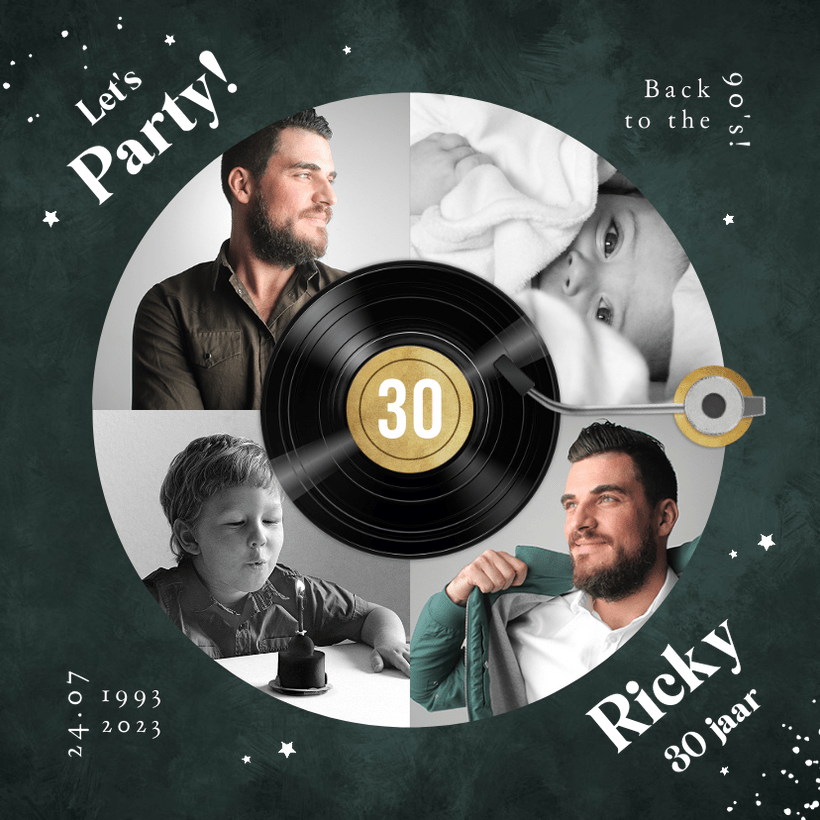 LP plaat uitnodigingskaart muziek feestje goud | Kaartje2go